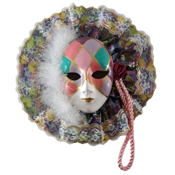 Vintage | Accents | Vintage Face Mask Wall Decor Feathers Lace Trim ...